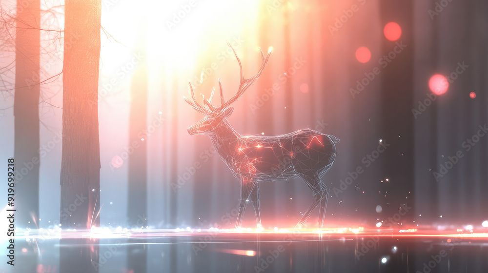 This image portrays an ethereal digital deer in a dreamlike forest landscape bathed with an ...