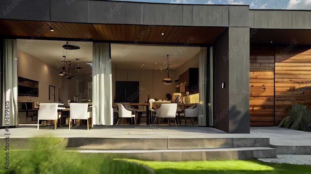 Modern Home Exterior with Sliding Doors Opening to Dining Room Stock ...