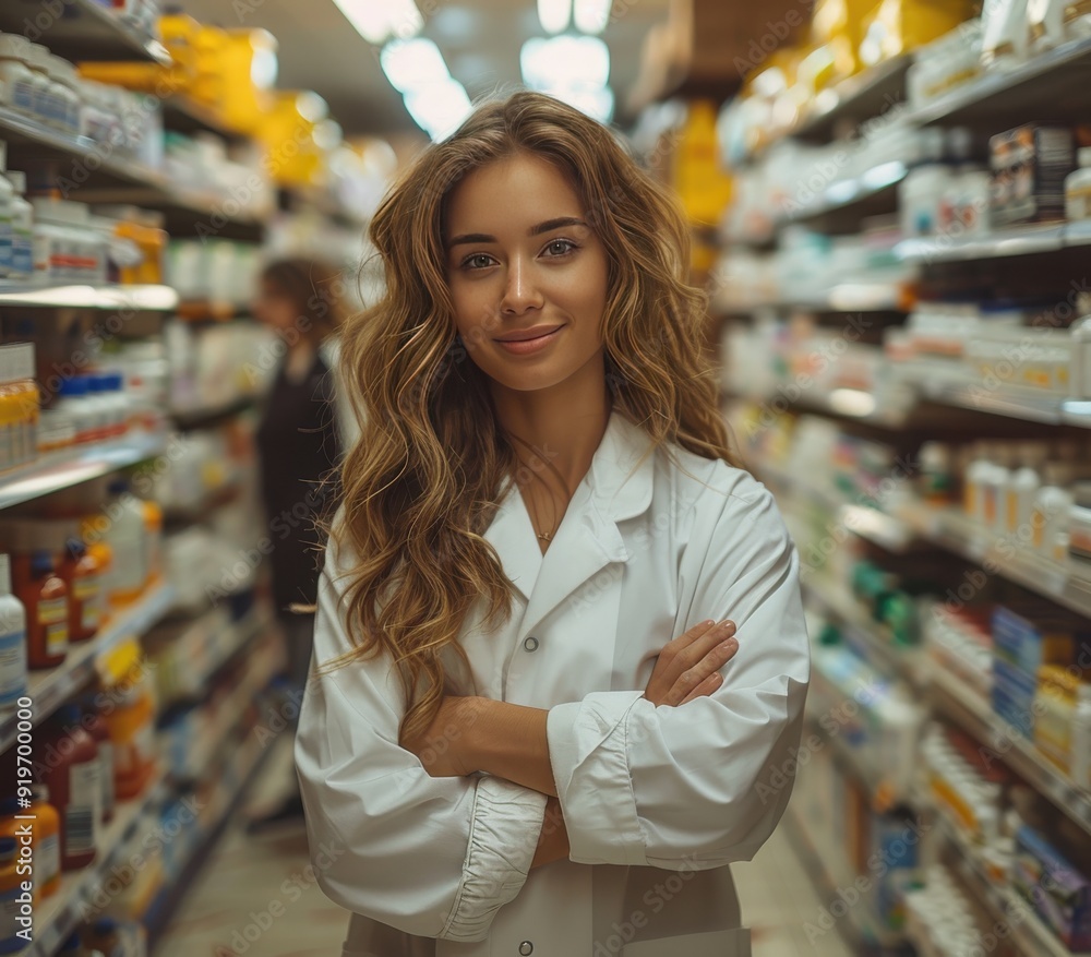 Female pharmacist engaging with customers in a pharmacy aisle filled ...