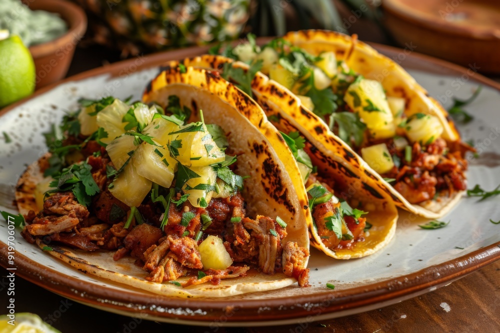 Tacos al Pastor: A plate of tacos al pastor with pineapple and cilantro ...