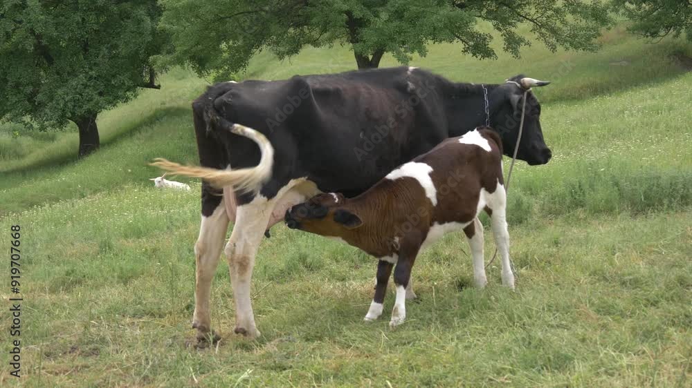 Calf Nursing From Cow. Cow feeding with his milk to a calf. Cute brown ...