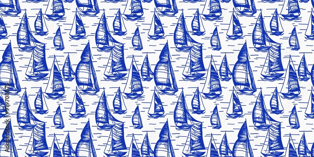 Coastal sail boat in azure ocean blue seamless border background ...