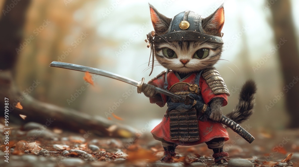 Cat character cute small chibi samurai ninja Armor costume background ...