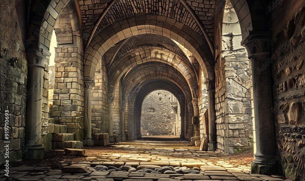 Romanesque structures with rounded arches and thick walls Stock ...