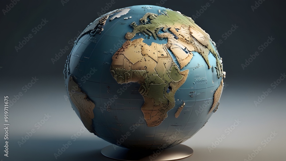 "Hyper-realistic 3D model of a rotating globe with detailed continents ...
