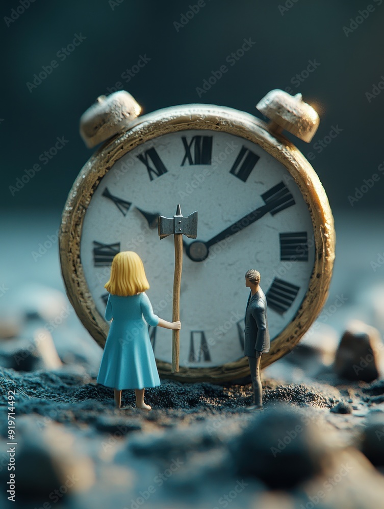 Miniature figures of a woman and a man holding an axe against a giant ...