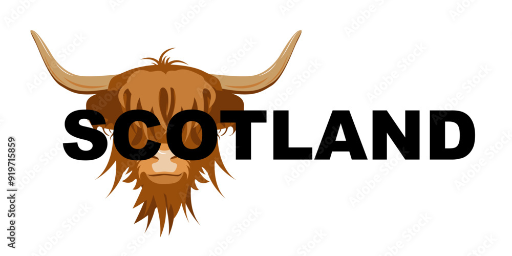Scotland Word with Portrait of Highland cattle, cow, Cute head of ...