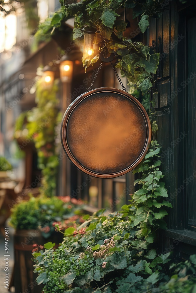 Vintage circular store signage design mockup isolated, copper alloy ...