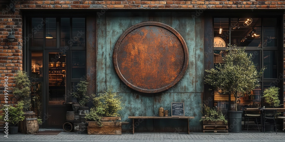 Rustic circular store signage design mockup isolated, aged metal badge ...