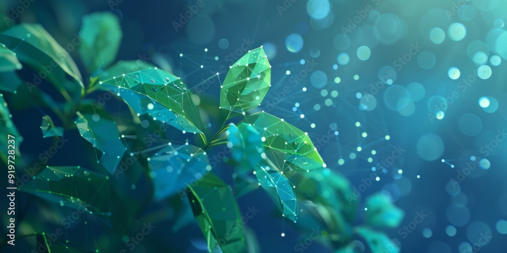 abstract blue drops falling from a green plant leaf. A low poly design ...