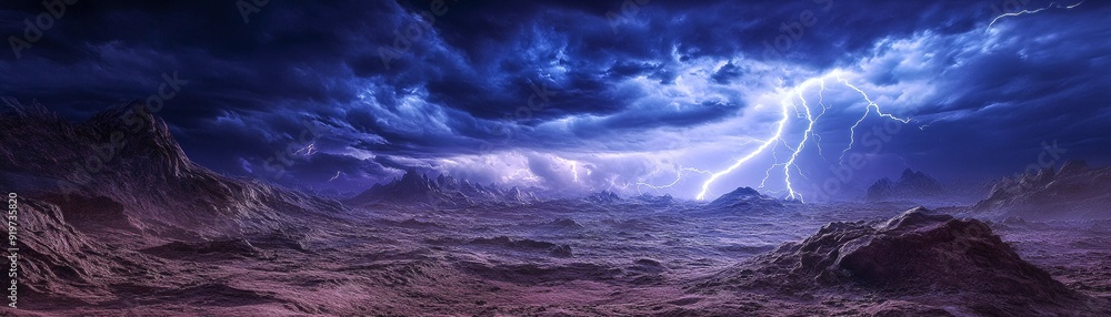 A lightning storm over a barren wasteland, bolts of lightning ...