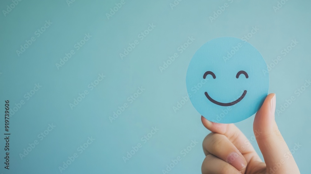 Uplifting Embrace of Positivity: A Hand Holding a Blue Paper Cut Smiley ...