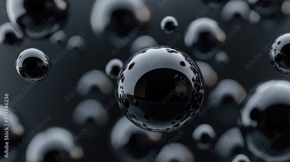 Black background, floating black shiny balls. Shiny banner, 3D scene ...