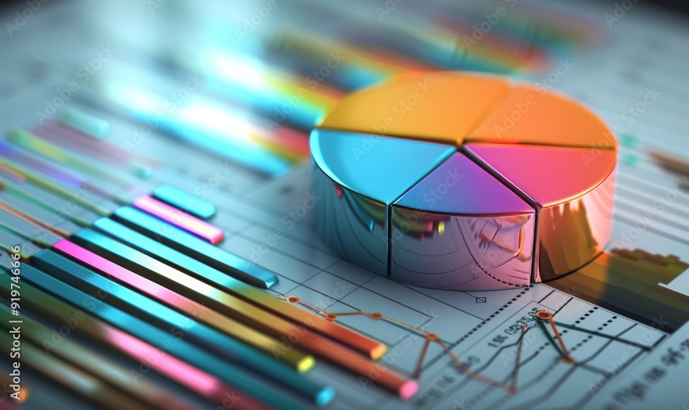 3D financial performance bar and pie charts, arrows results - growth ...