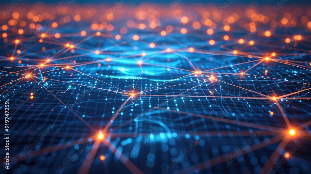 Abstract digital network with glowing nodes and lines, representing connectivity and data flow ...