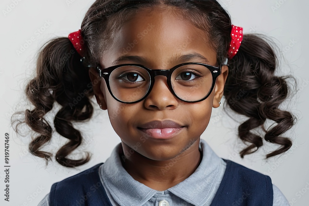 Portrait of a Serious dark skinned schoolgirl with glasses on a solid ...