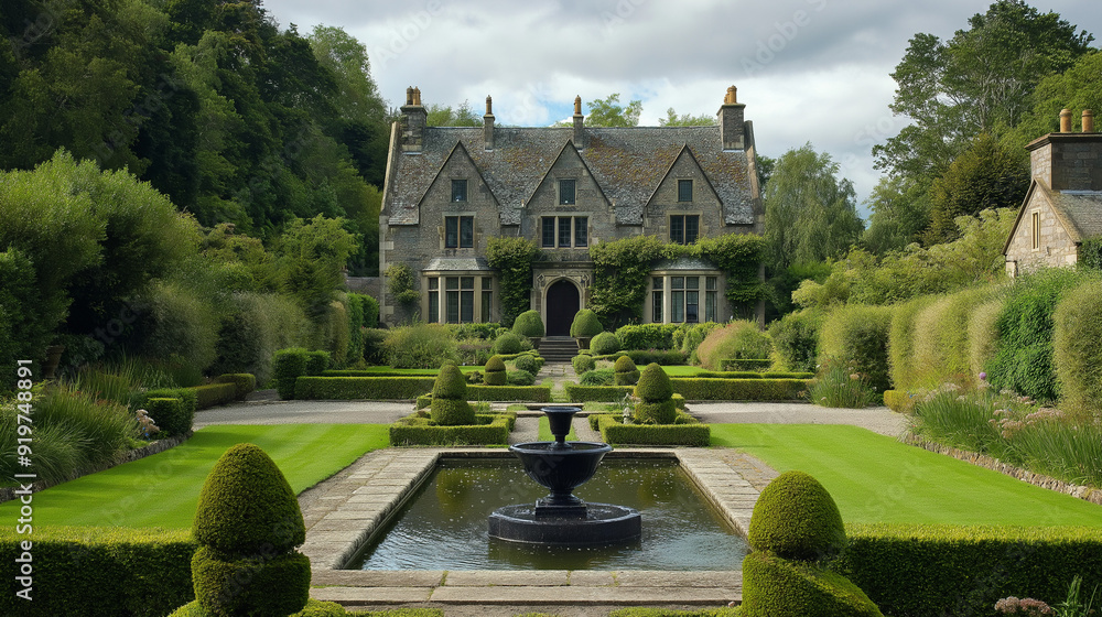 48. Scottish manor with a formal garden, topiary, and a serene pond ...