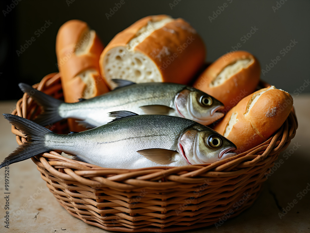Jesus feeding the multitude thousands five loaves of bread and two fish ...
