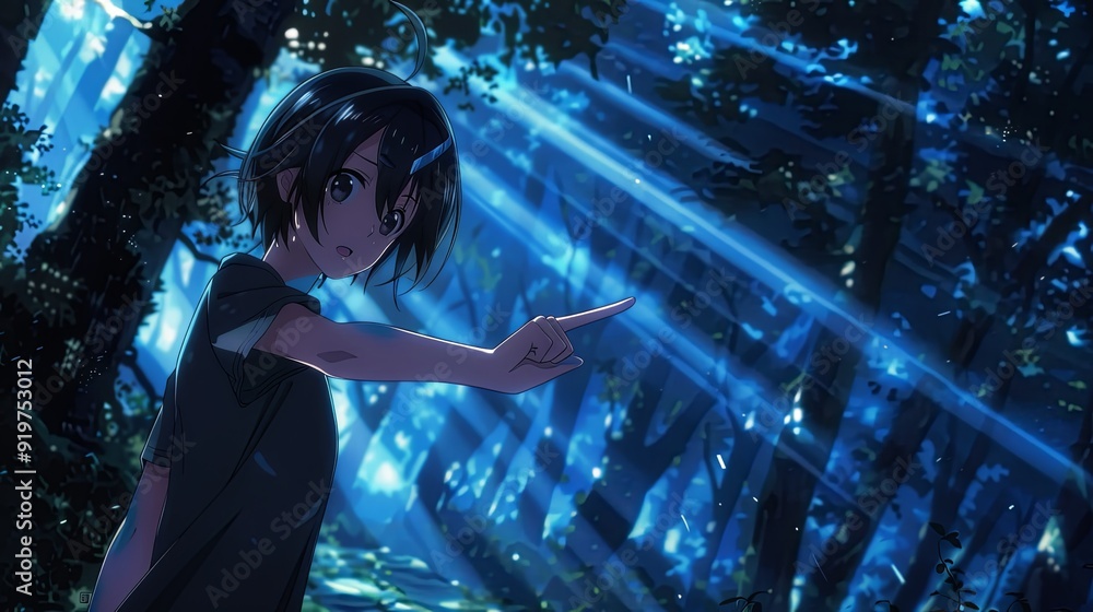 Enigmatic Anime Character in Moonlit Forest Pointing Sideways with a ...
