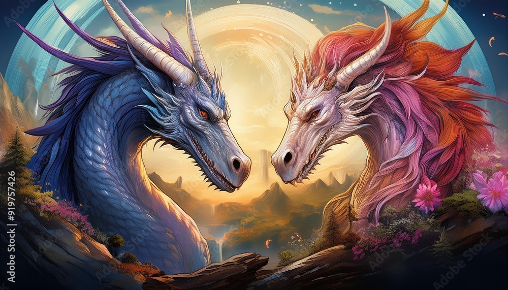 Dragons and Unicorns- A scene depicting the harmony or conflict between ...