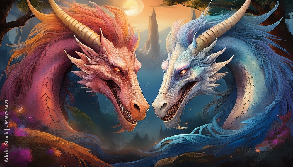 Dragons and Unicorns- A scene depicting the harmony or conflict between ...