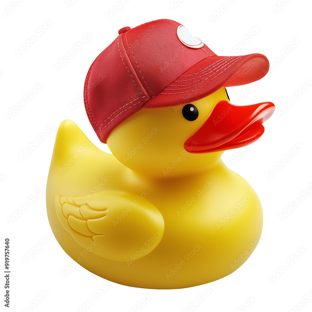 Yellow rubber duck wearing red baseball cap isolated on transparent ...
