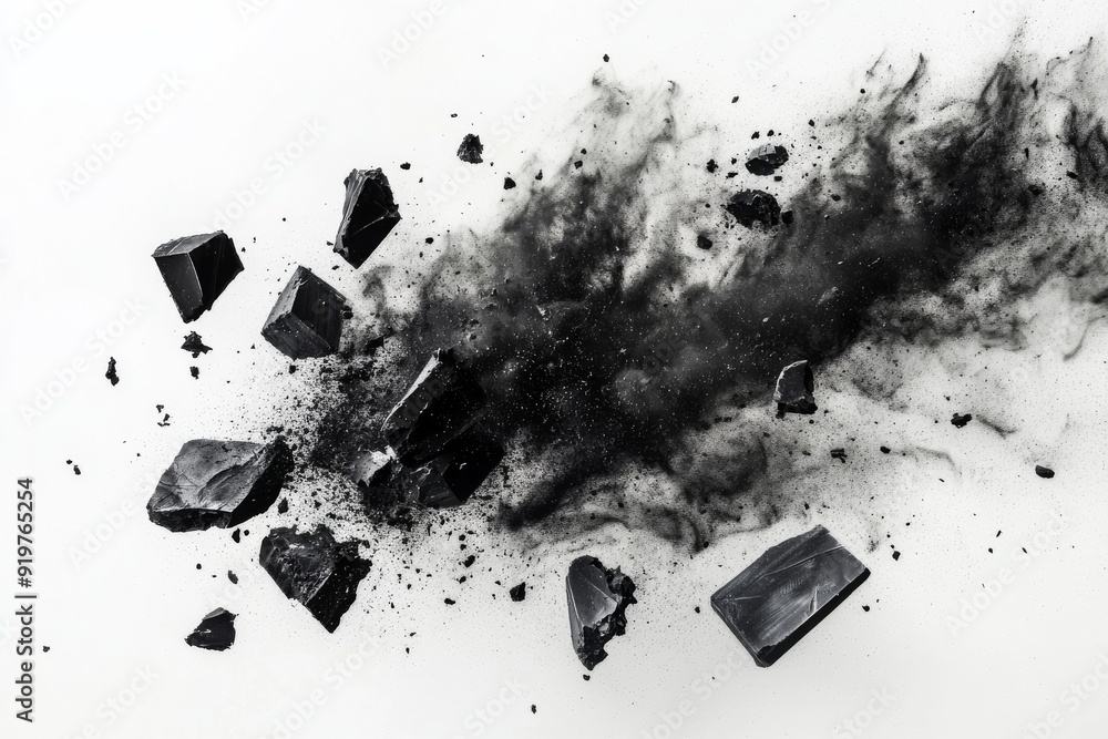 Black chalk pieces burst apart, creating a dynamic dust cloud effect on ...