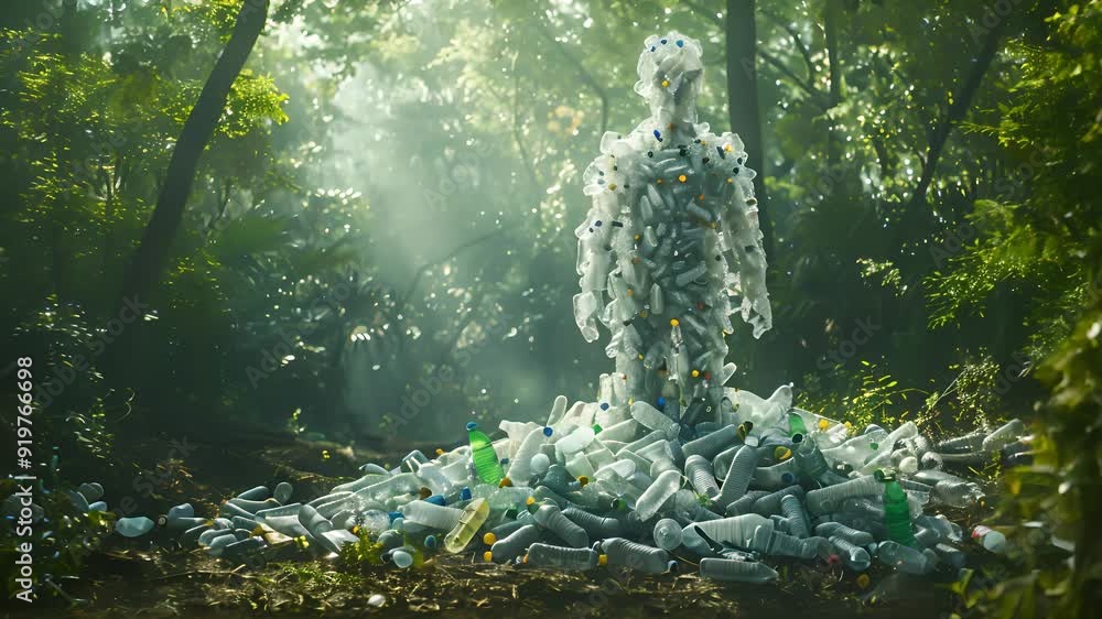 Plastic bottles and bags forming the shape of a human figure ...