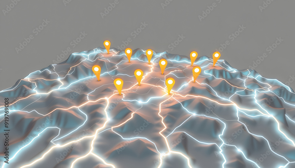 Illuminated digital map with glowing waypoints and topography lines on ...