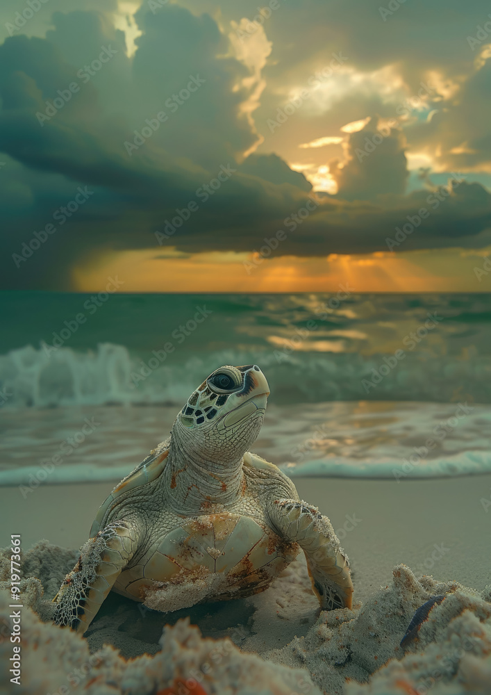 little sea turtle on the ocean shore, baby, animal, wildlife, waves ...