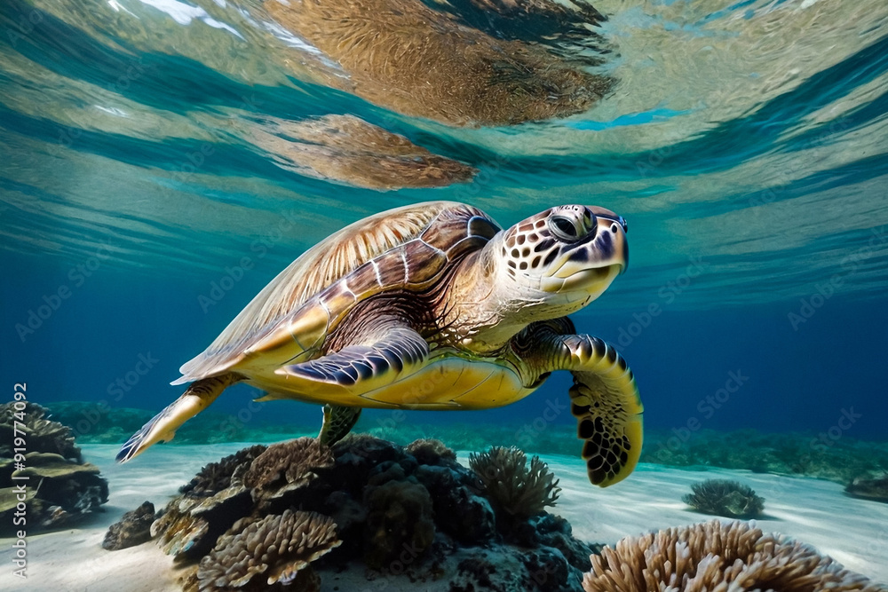 Green sea Turtle (Testudines) mammal swimming in tropical underwaters ...