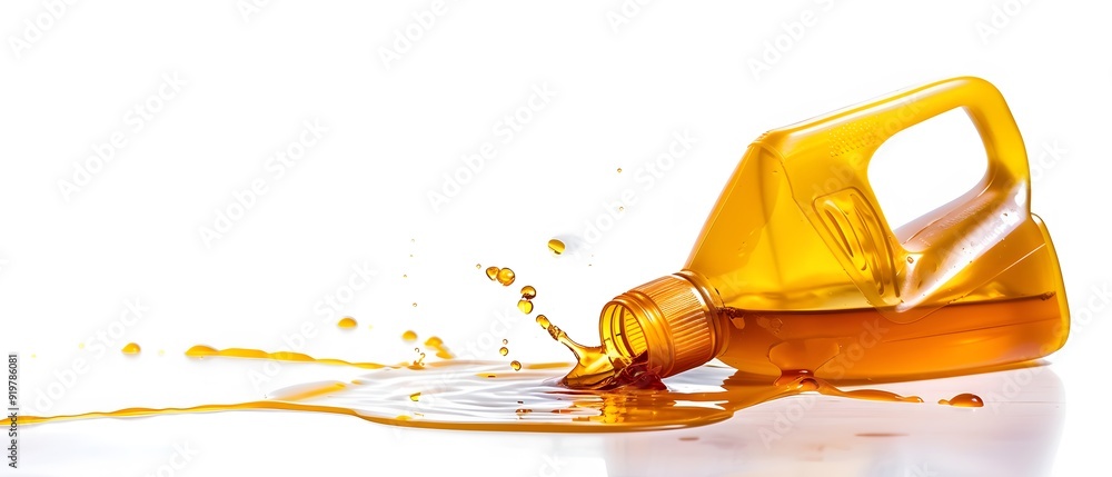 Spilled motor oil from a plastic container on a white background ...