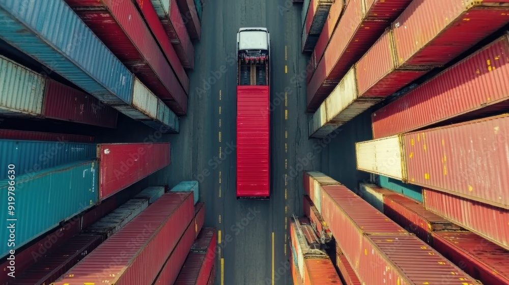Aerial View of Cargo Truck Between Shipping Containers - Aerial view of ...