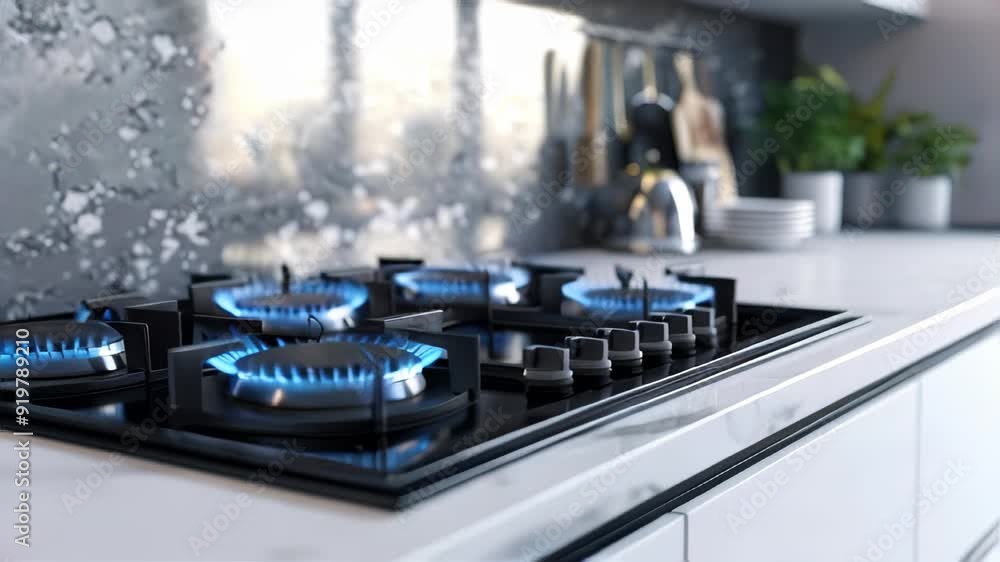 A modern kitchen in 4K UHD with a gas stovetop's burners ignited ...