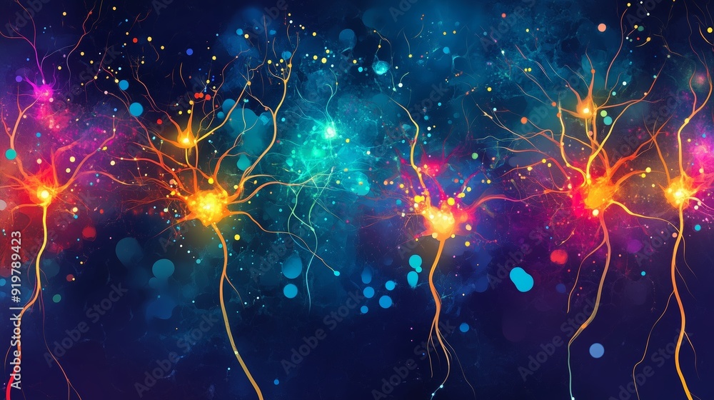 Colorful neurons firing synapses in a vibrant abstract representation ...