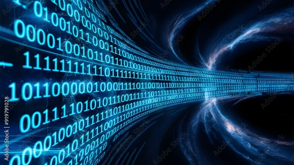 Blue Binary Code Matrix on Computer Screen. Abstract background featuring blue digital binary ...