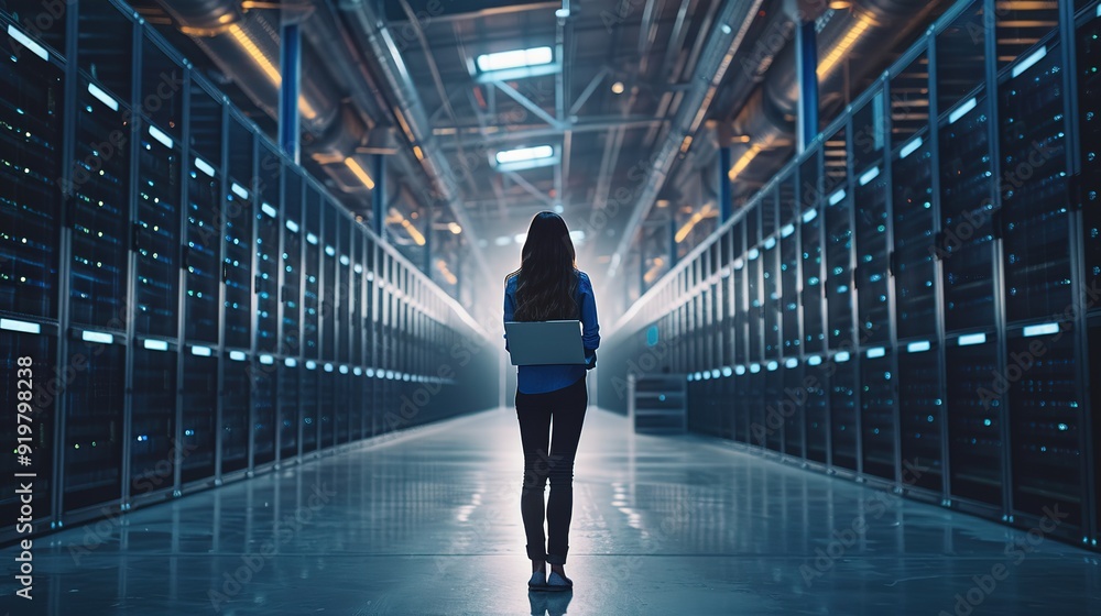 Animated Concept: Big Data Center Female Chief Technology Officer Using ...