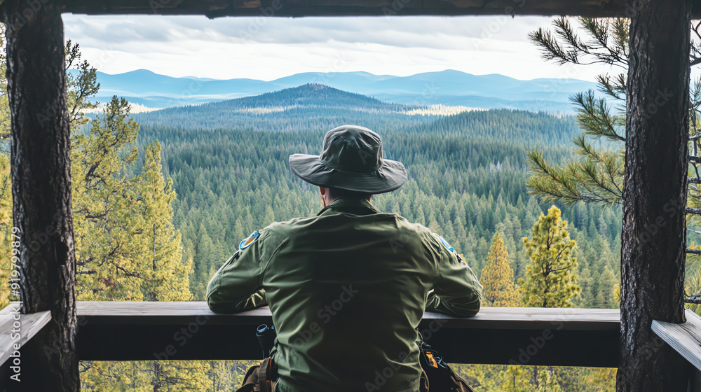 Forest ranger looking out over a pine forest from a fire watchtower ...