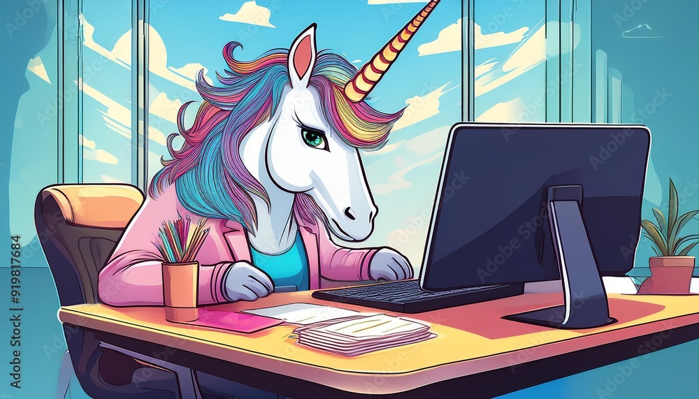 Office Unicorn- An illustrated whimsical scene of a unicorn working at ...