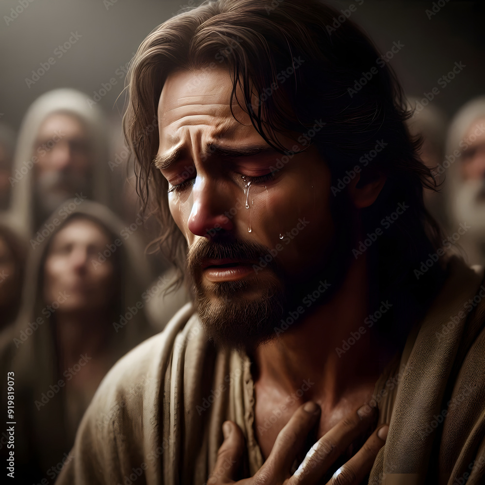 A deeply emotional and realistic image of Jesus weeping over the death ...