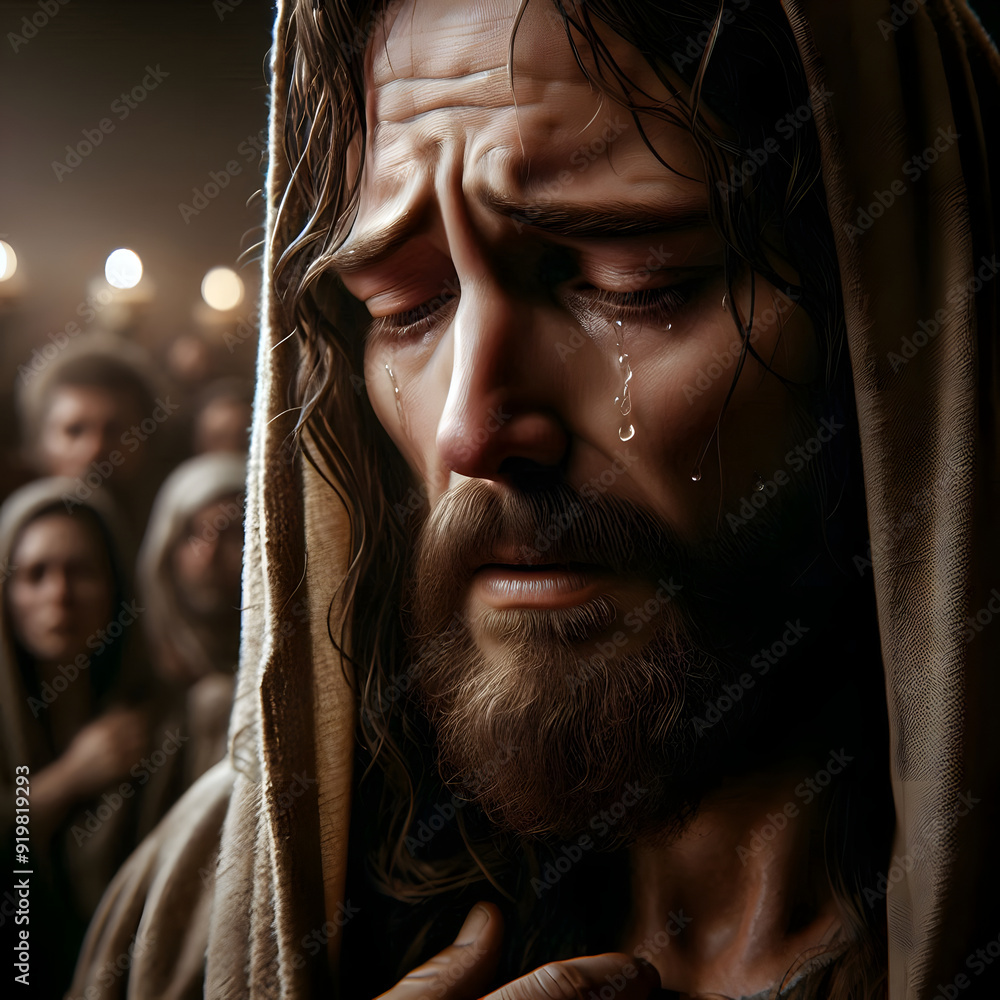 A deeply emotional and realistic image of Jesus weeping over the death ...