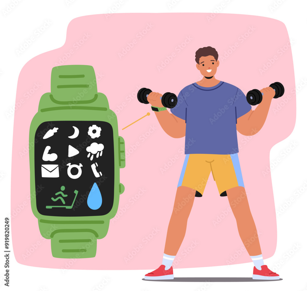Cartoon Man Lifting Weights While Using A Smartwatch Displaying A ...