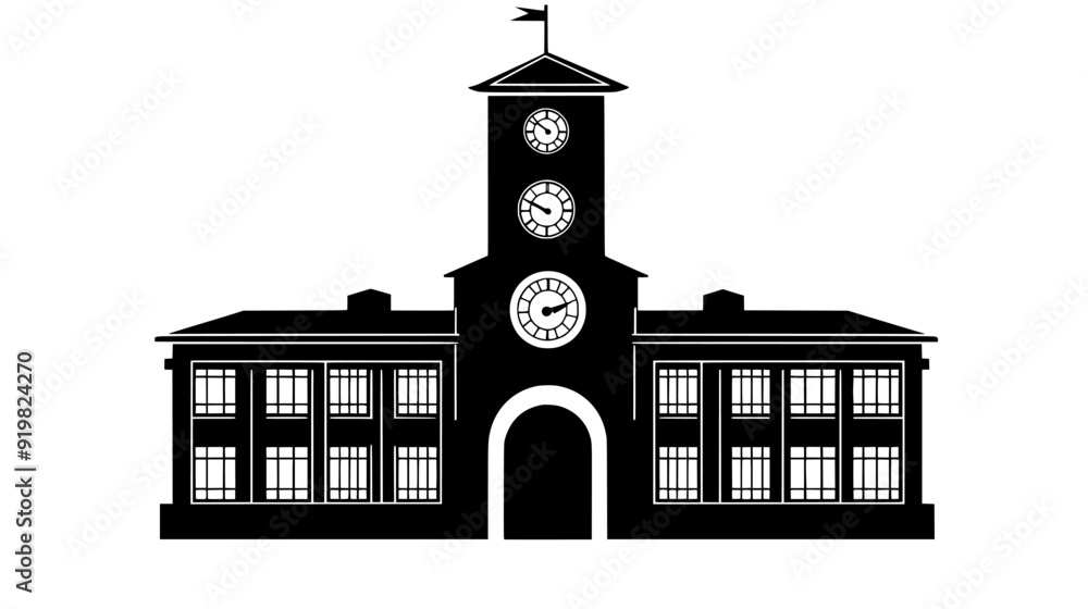 Building with a tall clock tower, symmetrical windows, and an archway ...