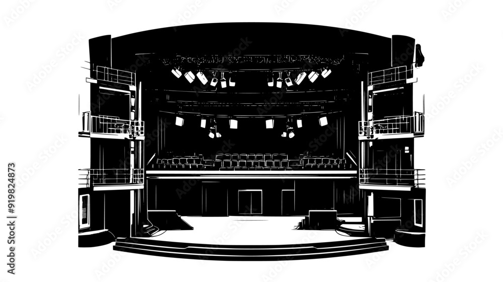 Cutaway of a theater, depicting the stage, audience seating, and ...