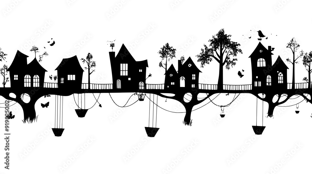 Enchanted forest village with treehouses connected by rope bridges ...