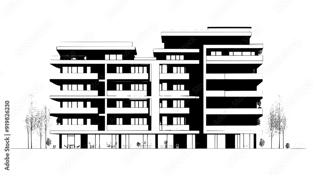 Multi-story development with glass facades, balconies, and integrated ...