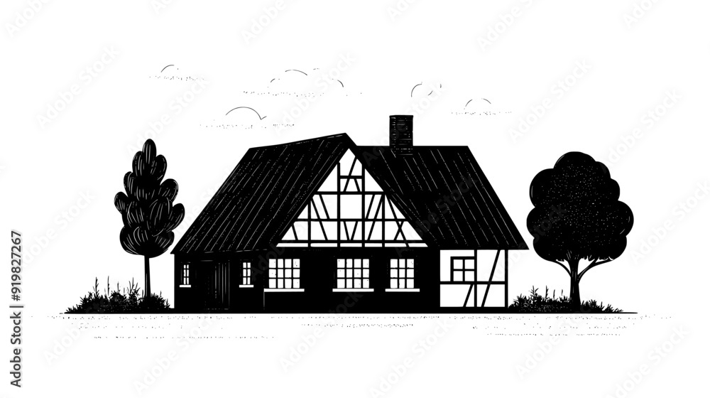 Traditional half-timbered house with exposed wooden beams and steeply ...