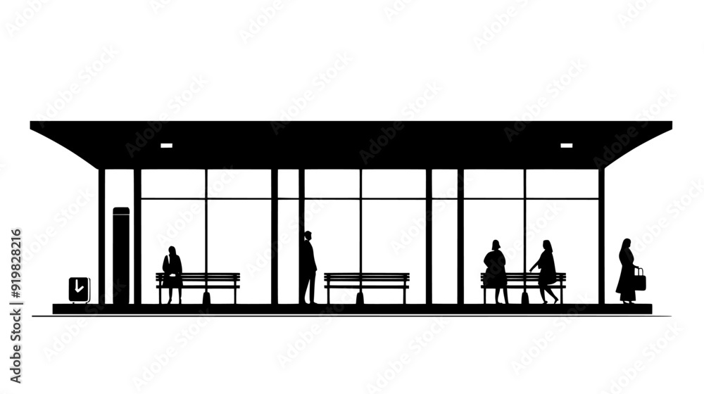 Covered passenger waiting areas with clear barriers separating bus ...