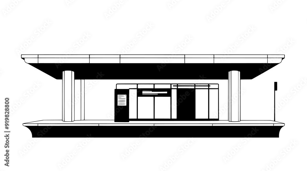 Monorail station featuring concrete platform, supporting columns ...