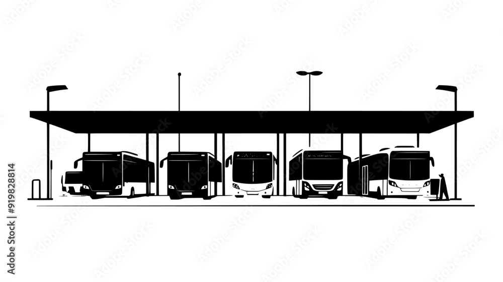 Multiple buses parked in designated bays at a bus terminal, vector ...